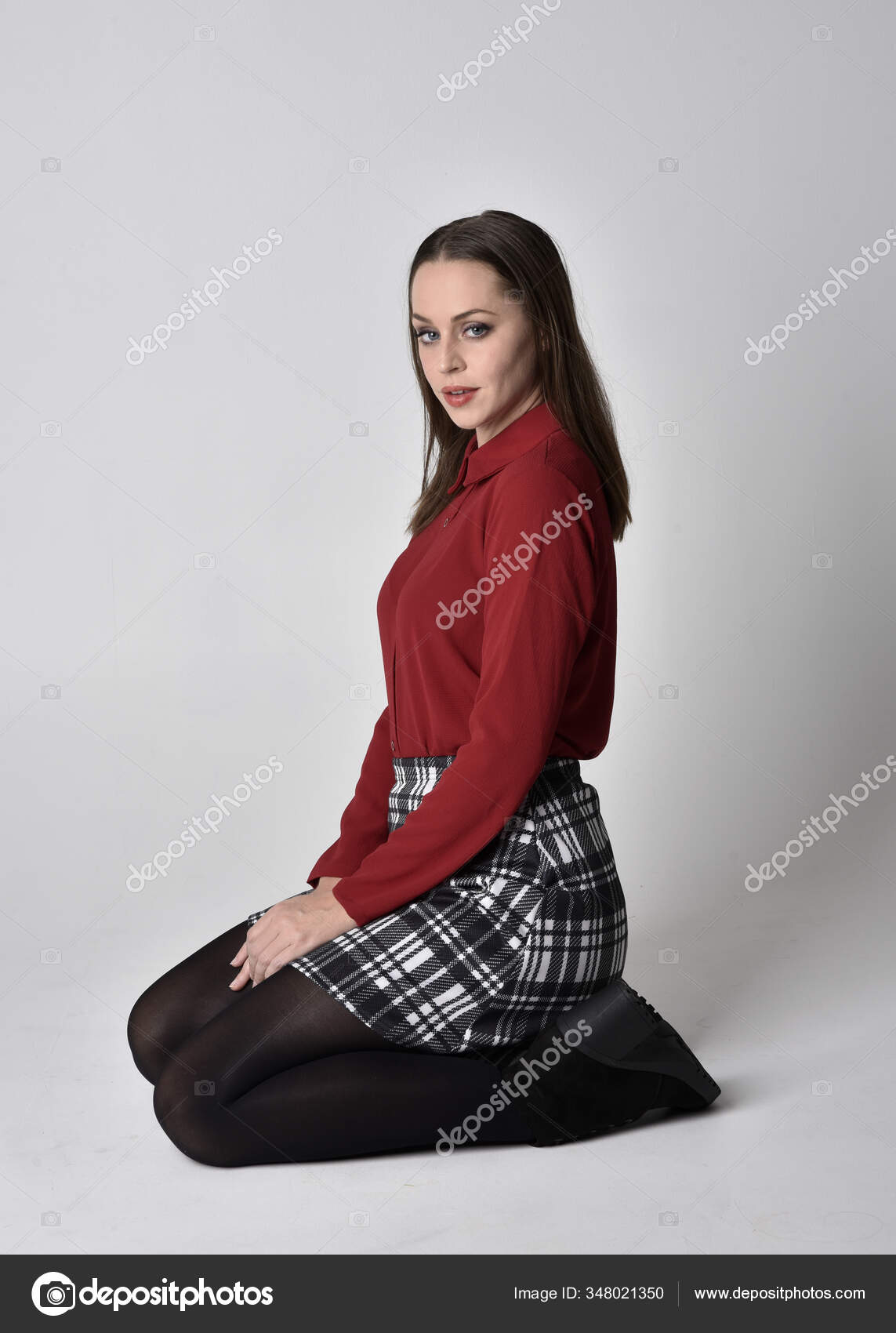 Full Length Portrait Pretty Brunette Girl Wearing Red Shirt Plaid Stock