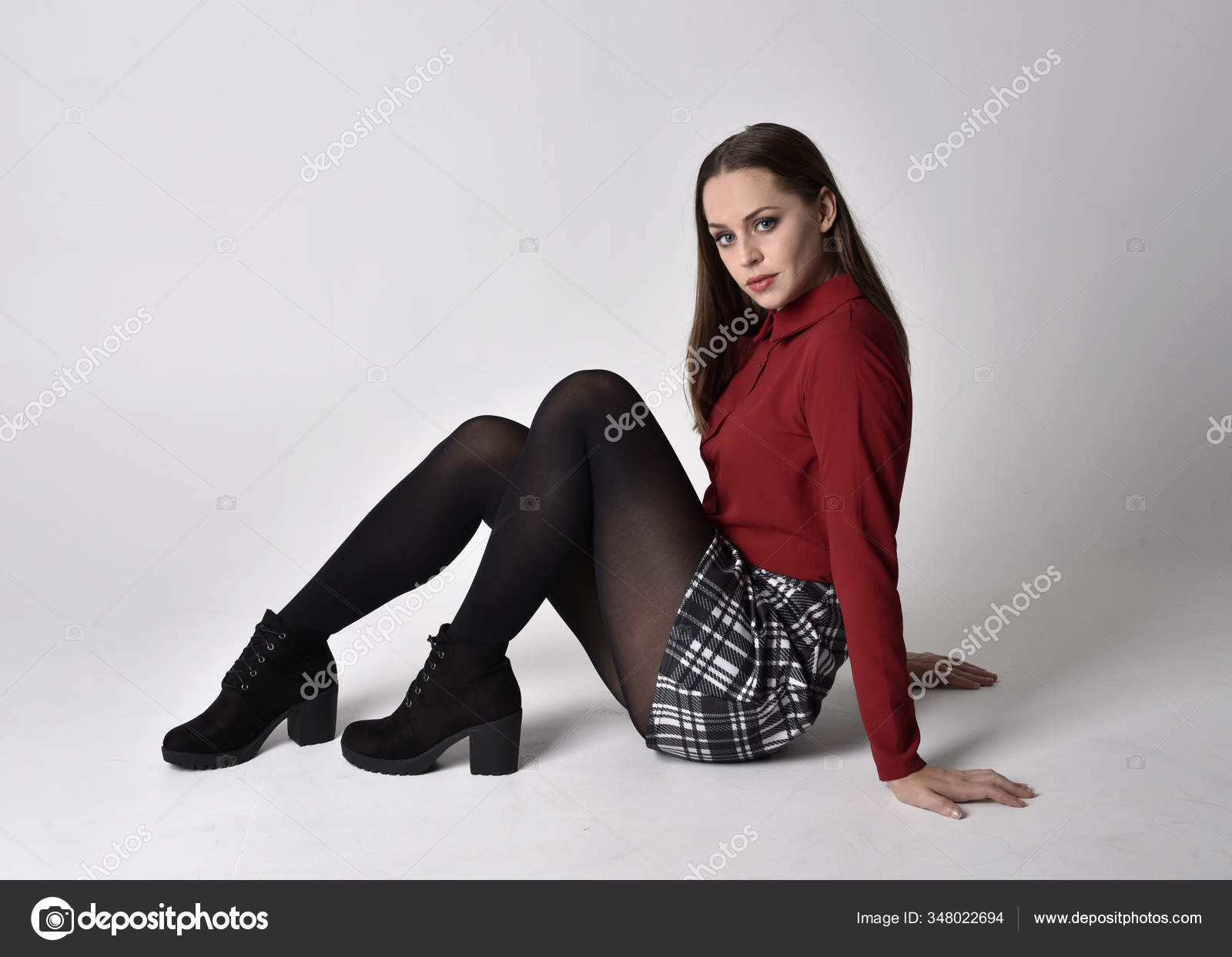 Full Length Portrait Pretty Brunette Girl Wearing Red Shirt Plaid Stock