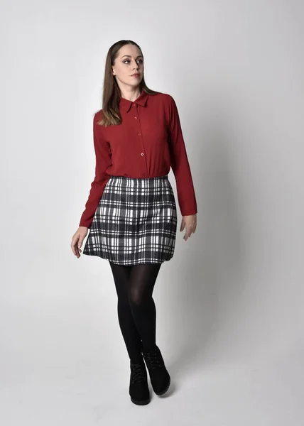 Full Length Portrait Pretty Brunette Girl Wearing Red Shirt Plaid