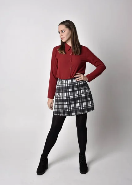 Full Length Portrait Pretty Brunette Girl Wearing Red Shirt Plaid Stock