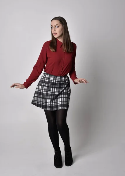 Full Length Portrait Pretty Brunette Girl Wearing Red Shirt Plaid Stock