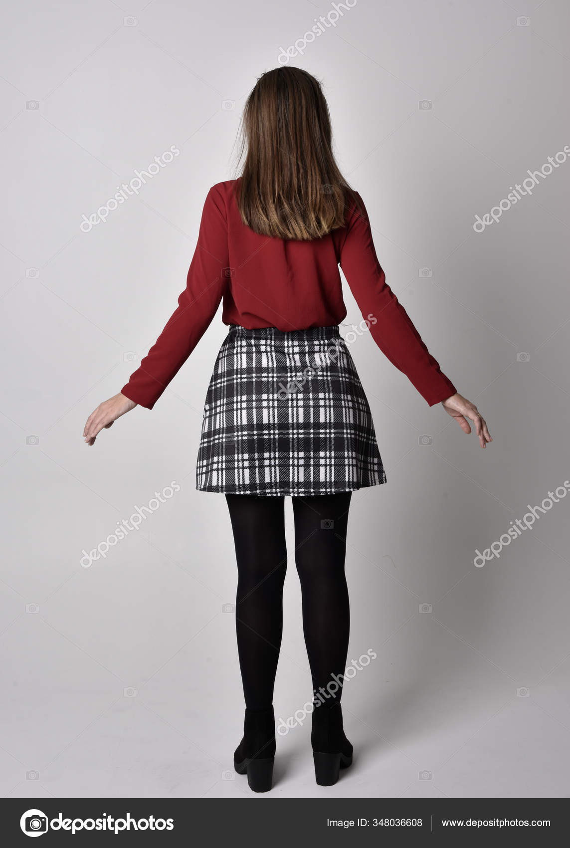 Full Length Portrait Pretty Brunette Girl Wearing Red Shirt Plaid Stock
