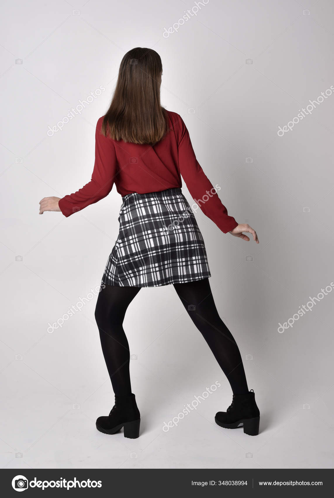 Full Length Portrait Pretty Brunette Girl Wearing Red Shirt Plaid Stock
