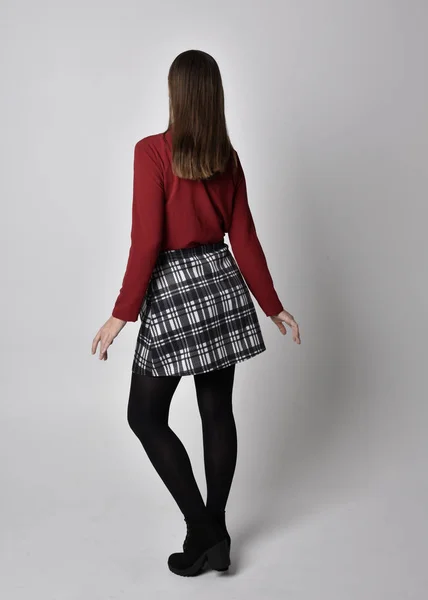 Full Length Portrait Pretty Brunette Girl Wearing Red Shirt Plaid Stock