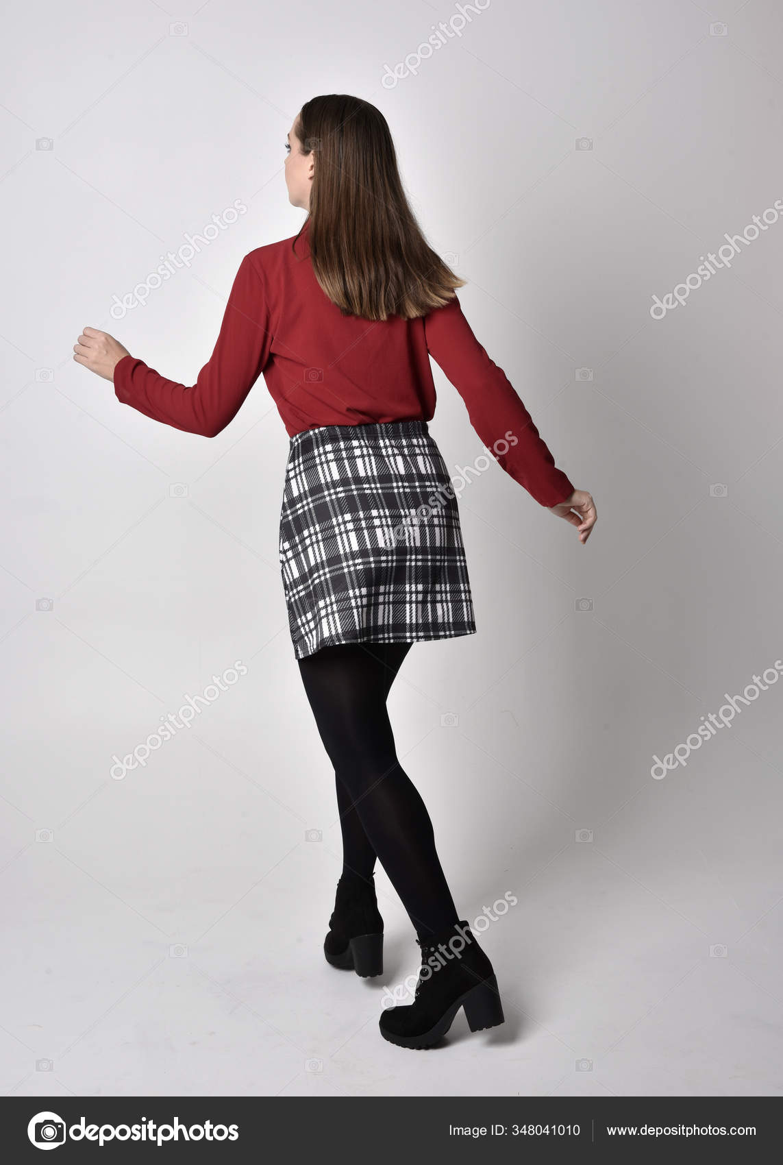 Full Length Portrait Pretty Brunette Girl Wearing Red Shirt Plaid Stock