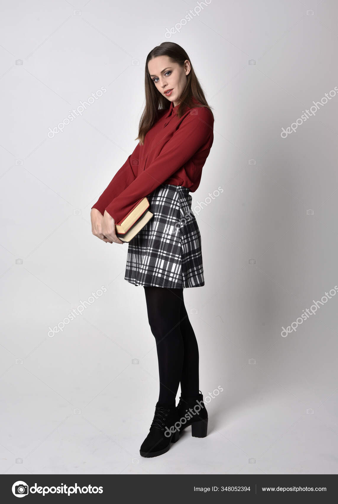 Full Length Portrait Pretty Brunette Girl Wearing Red Shirt Plaid Stock