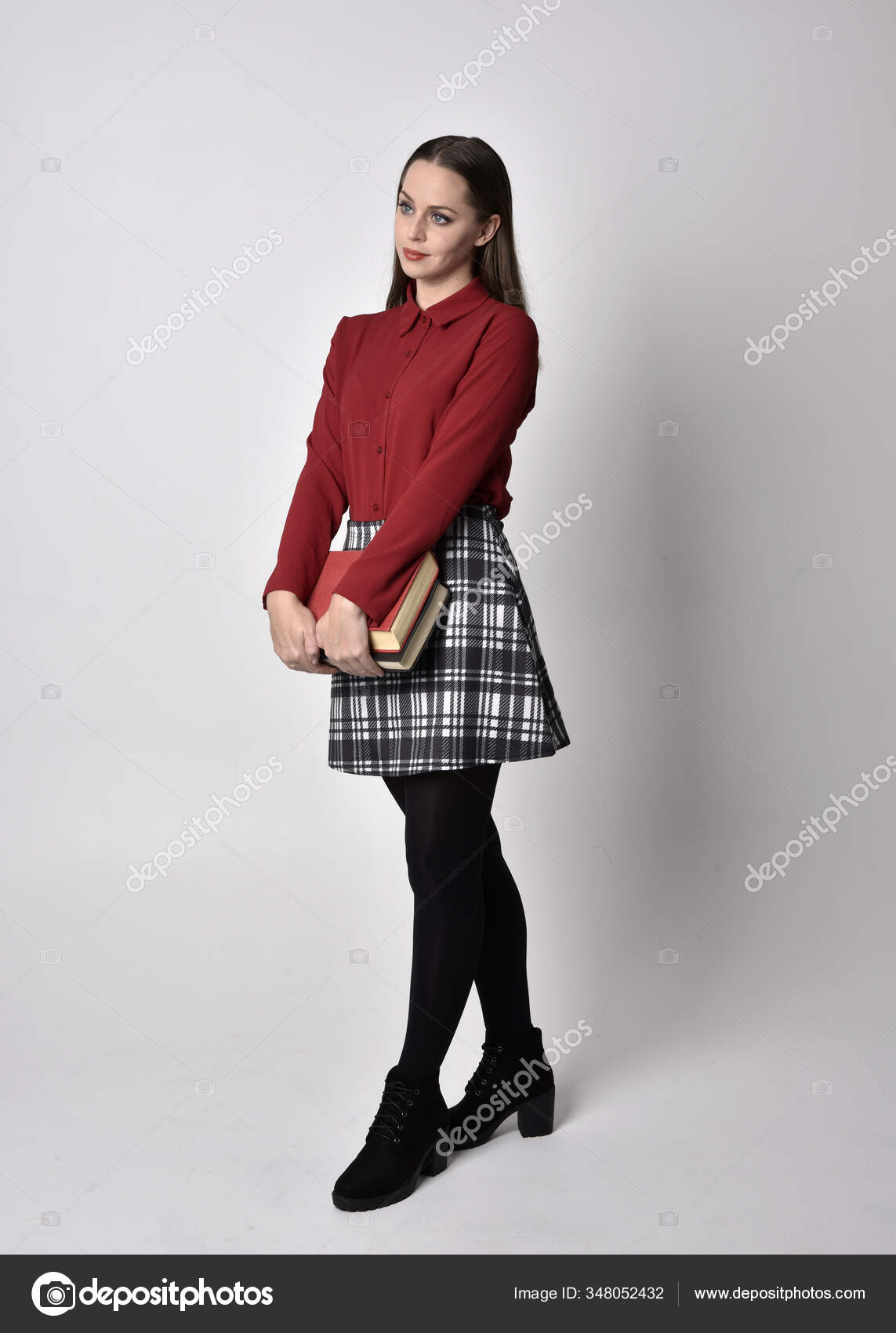 Full Length Portrait Pretty Brunette Girl Wearing Red Shirt Plaid Stock