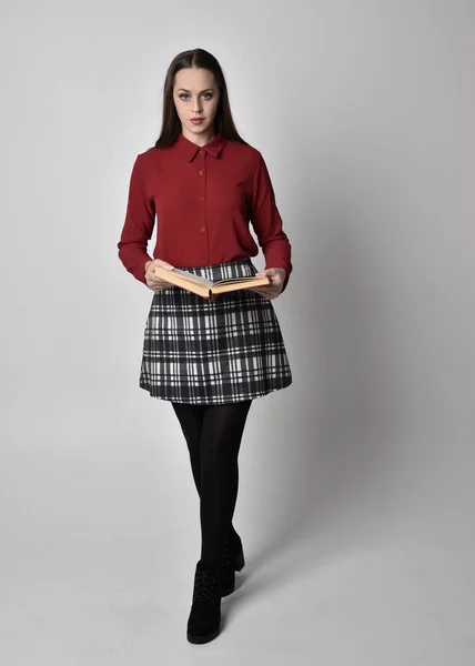 Full Length Portrait Brunette Girl Wearing Red Leather Jacket Plaid
