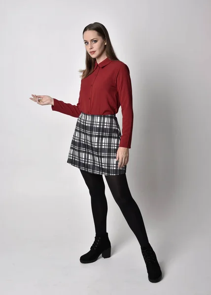 Full Length Portrait Pretty Brunette Girl Wearing Red Shirt Plaid Stock