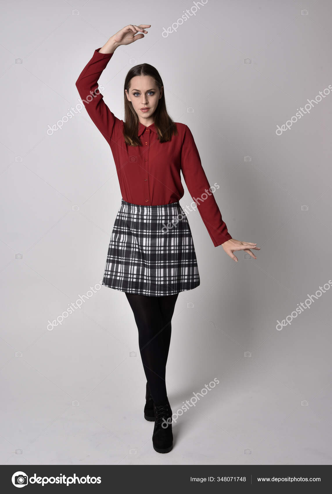 Full Length Portrait Pretty Brunette Girl Wearing Red Shirt Plaid Stock