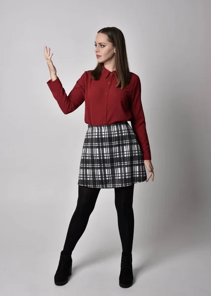 Full Length Portrait Pretty Brunette Girl Wearing Red Shirt Plaid Stock