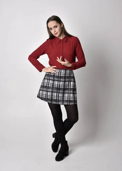 Full Length Portrait Pretty Brunette Girl Wearing Red Shirt Plaid Stock