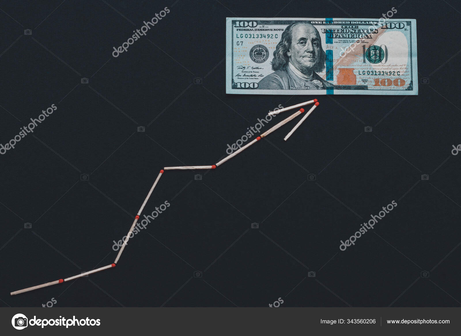 The white matchstick arrow shows the dollar rising on a black ...