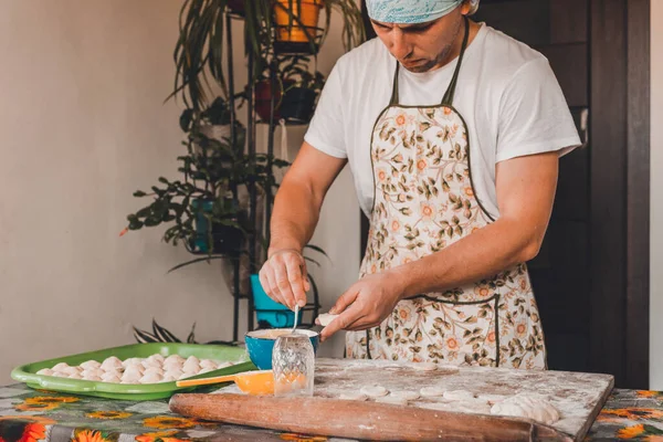 Man Dressed Apron Hat Prepares Dumplings Kitchen 2020 — Stock Photo ...