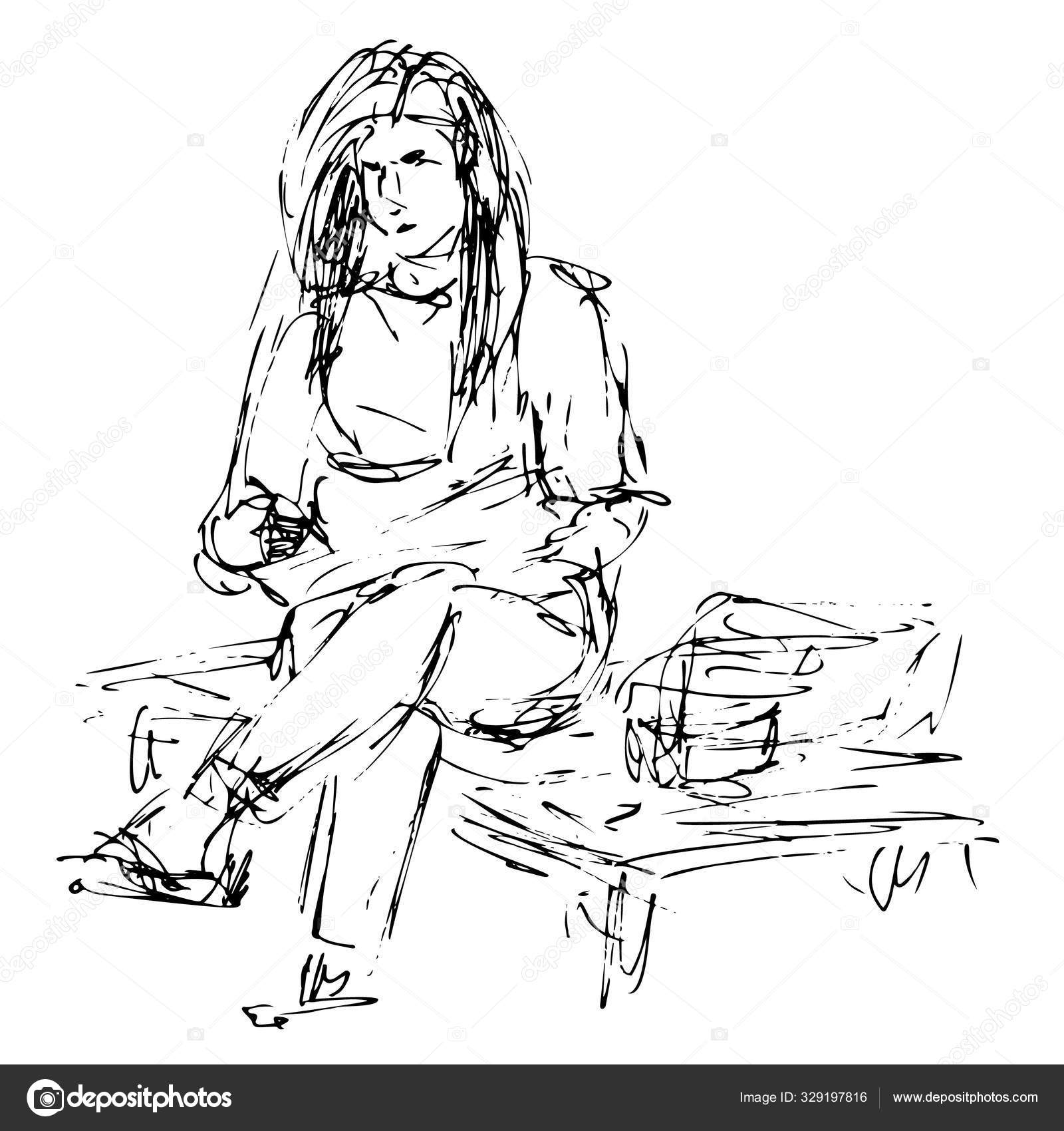 Artist draws a sitting woman girl - sketch hand-drawn vector ...