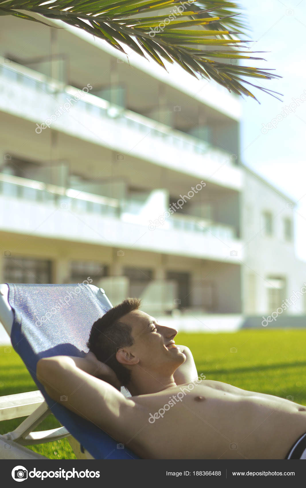 Summer Holidays Young Man Sunbathing Background Palm Tree Vacation ...