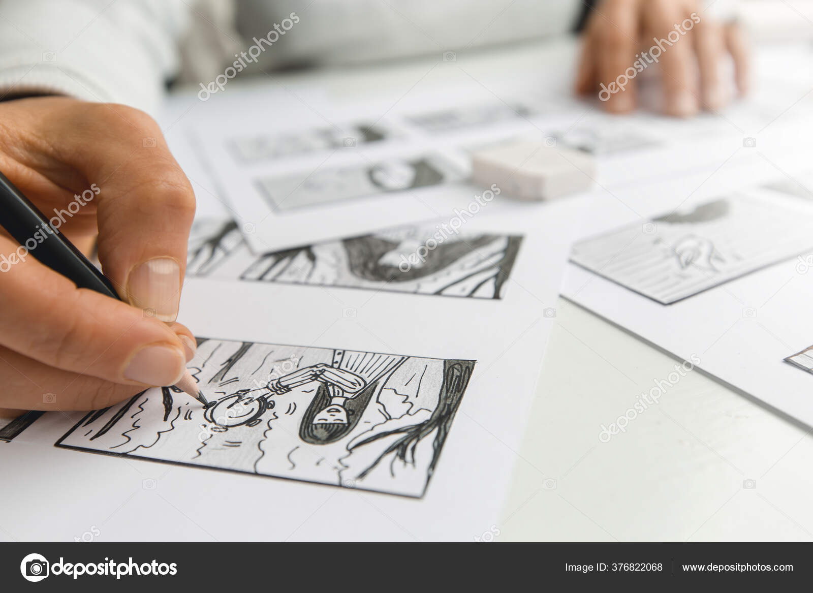 Hands Draw Pencil Storyboard Film Artist Draws Cartoon Characters ...