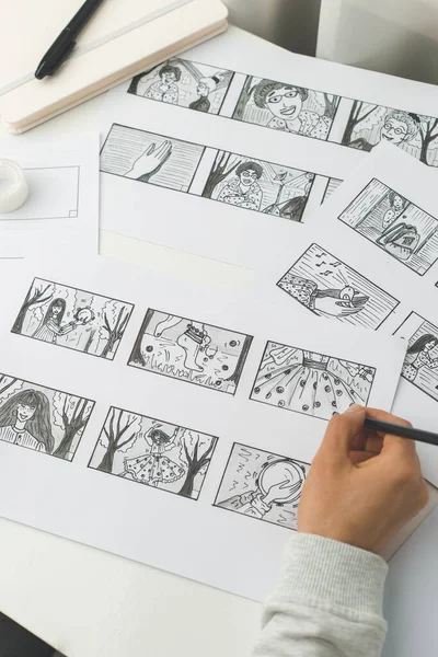 Hands Draw Pencil Storyboard Film Artist Draws Cartoon Characters Stock ...