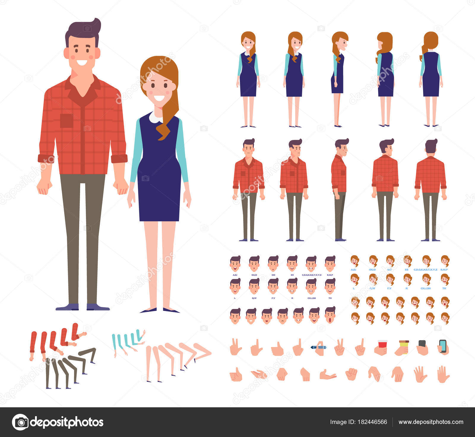 Front Side Back View Animated Character Young Man Woman Characters ...