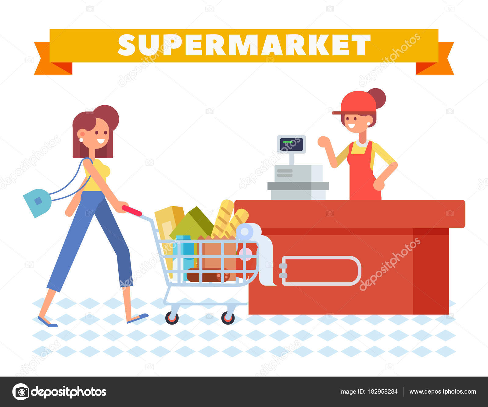 Gente Comprando Supermercado Piso Vector Personaje Mujer Cajero ...