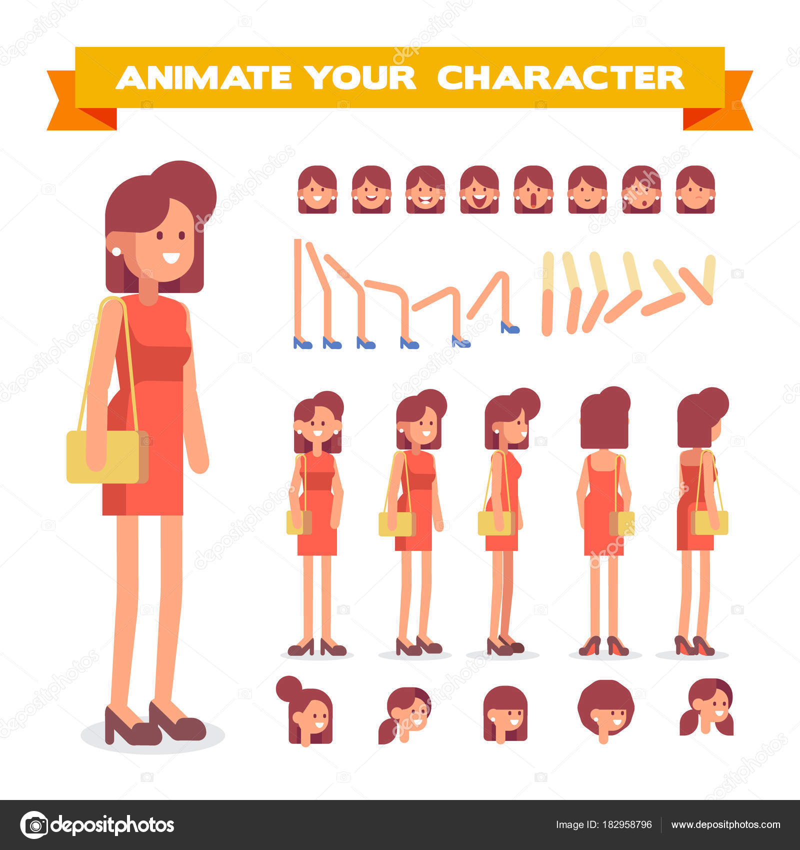 Front Side Back View Animated Character Young Lady Character ...