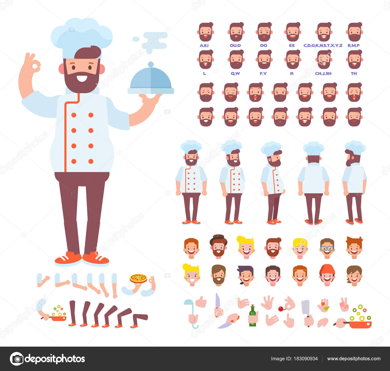 Voorste Kant Achteraanzicht Geanimeerd Karakter Chef Kok Karakter ...