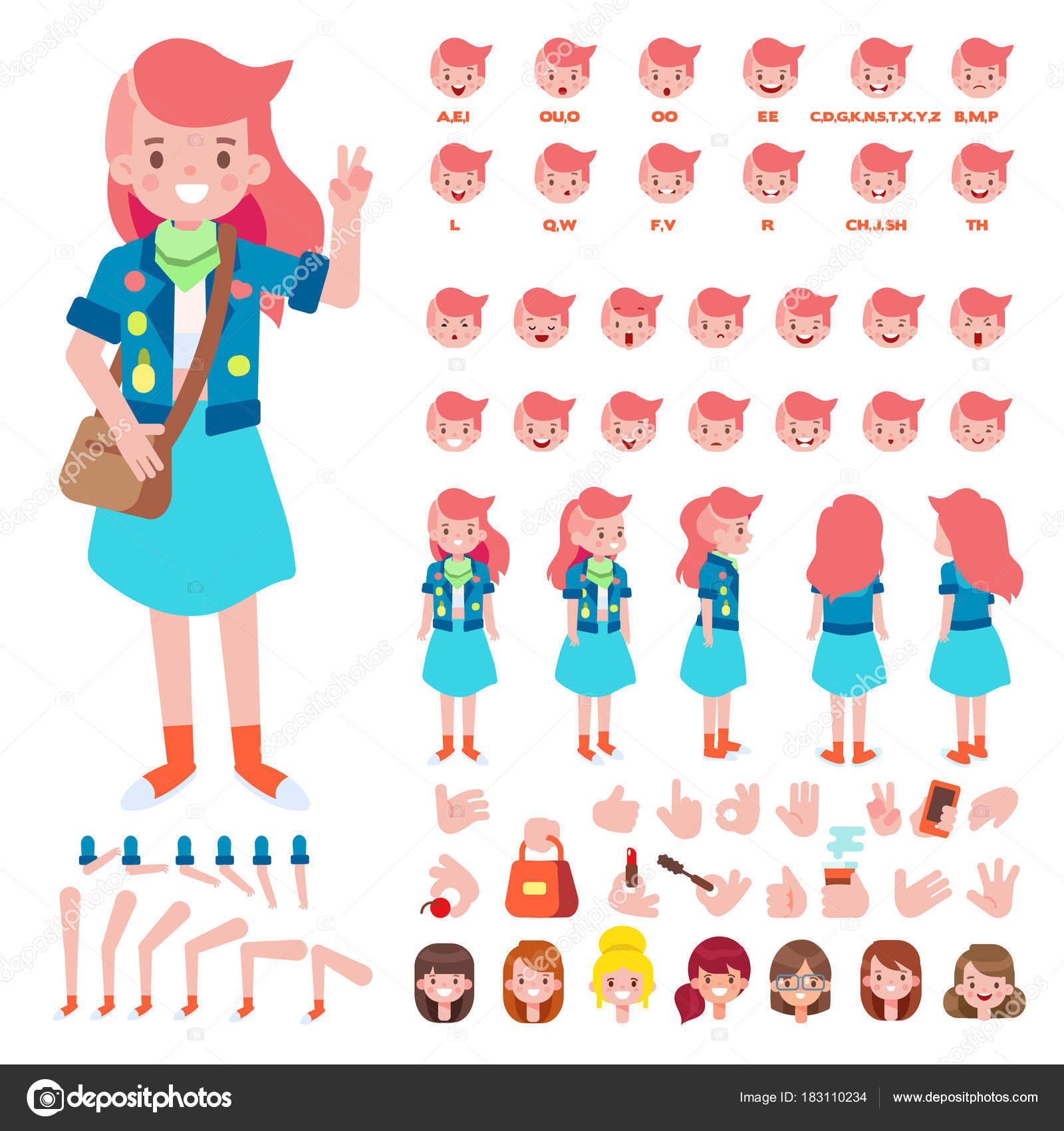 Front Side Back View Animated Character Teenage Girl Character Creation ...