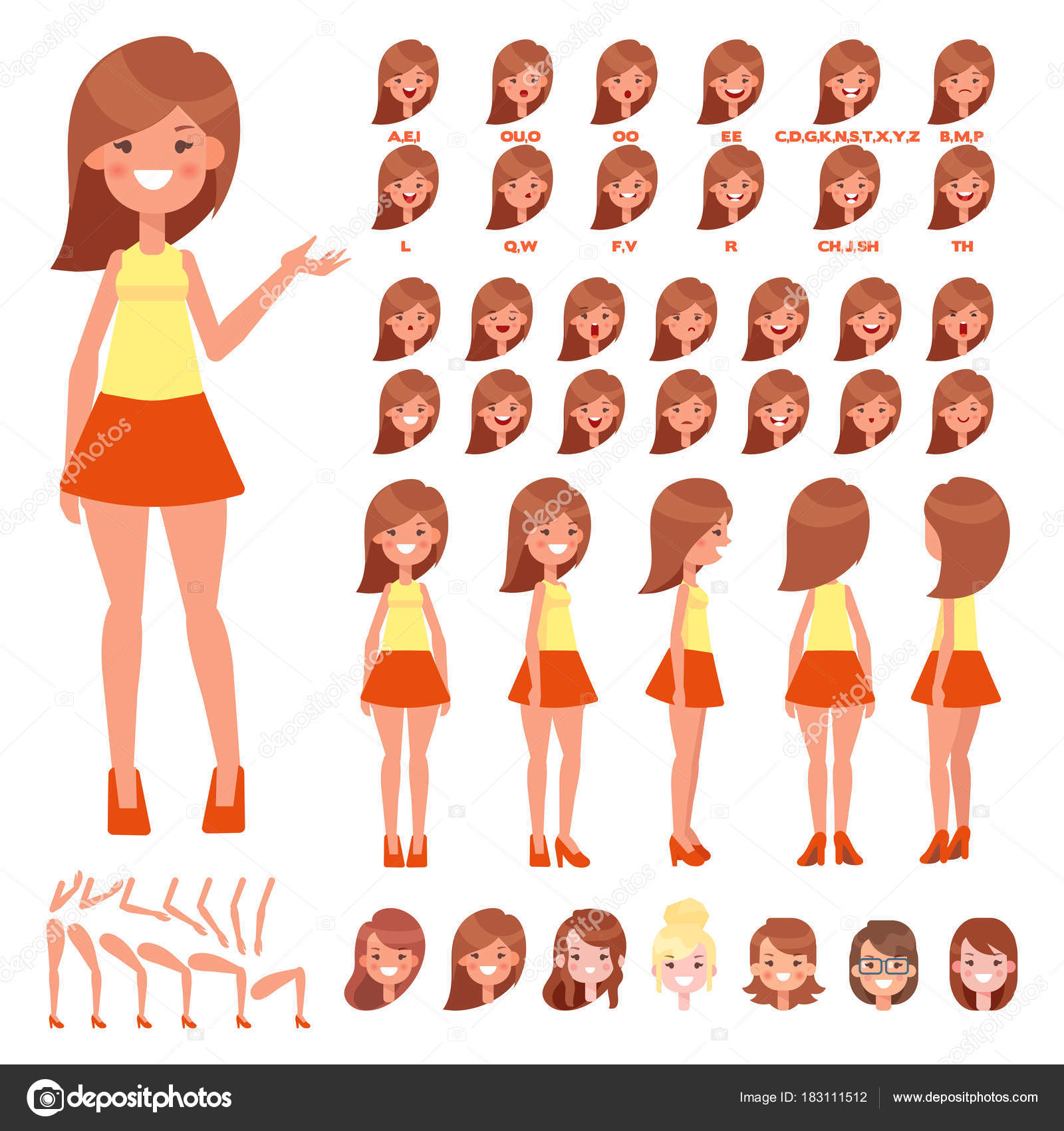 Front Side Back View Animated Character Pretty Young Woman Character ...