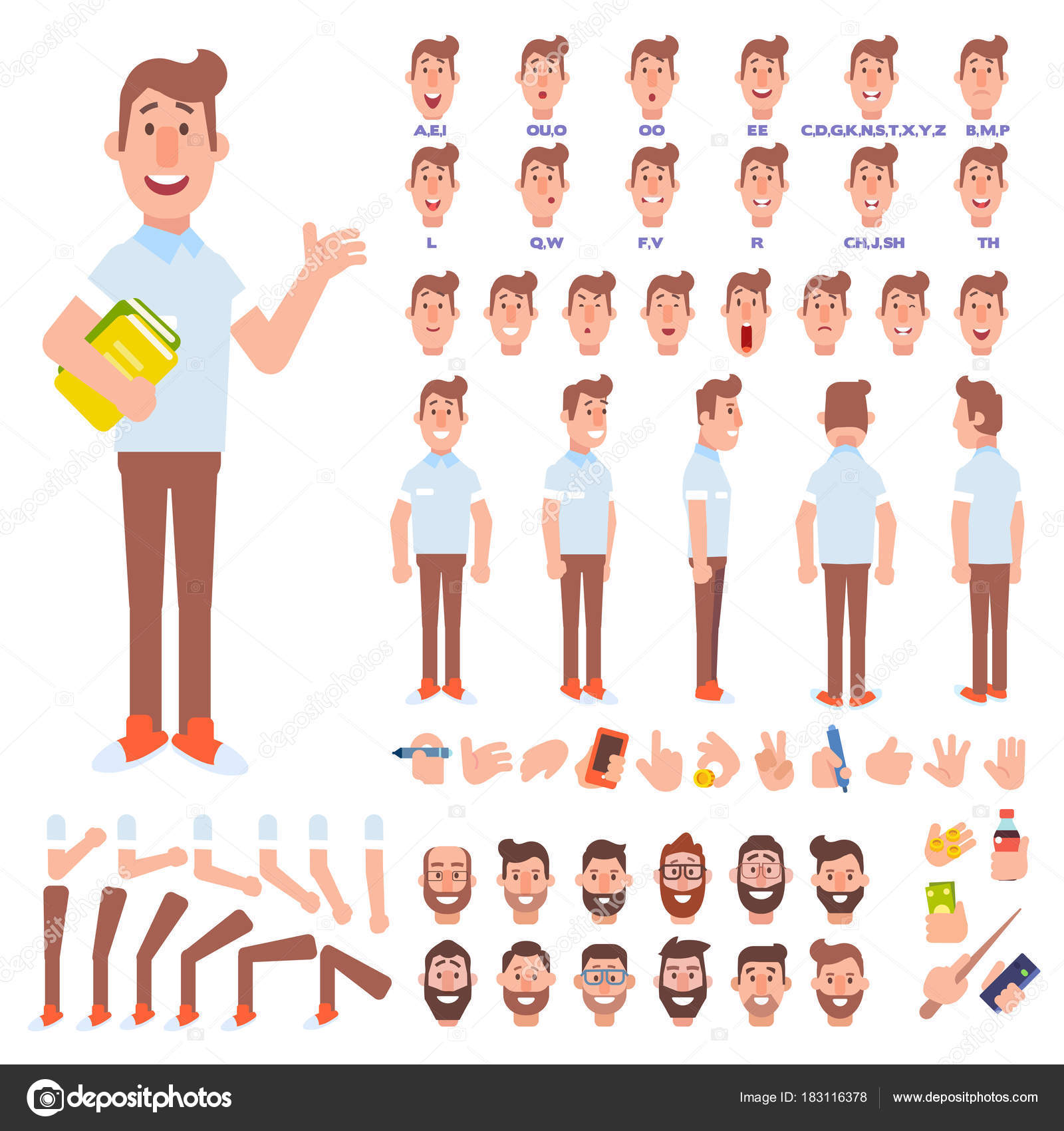 Front Side Back View Animated Character Male Student Character Creation ...