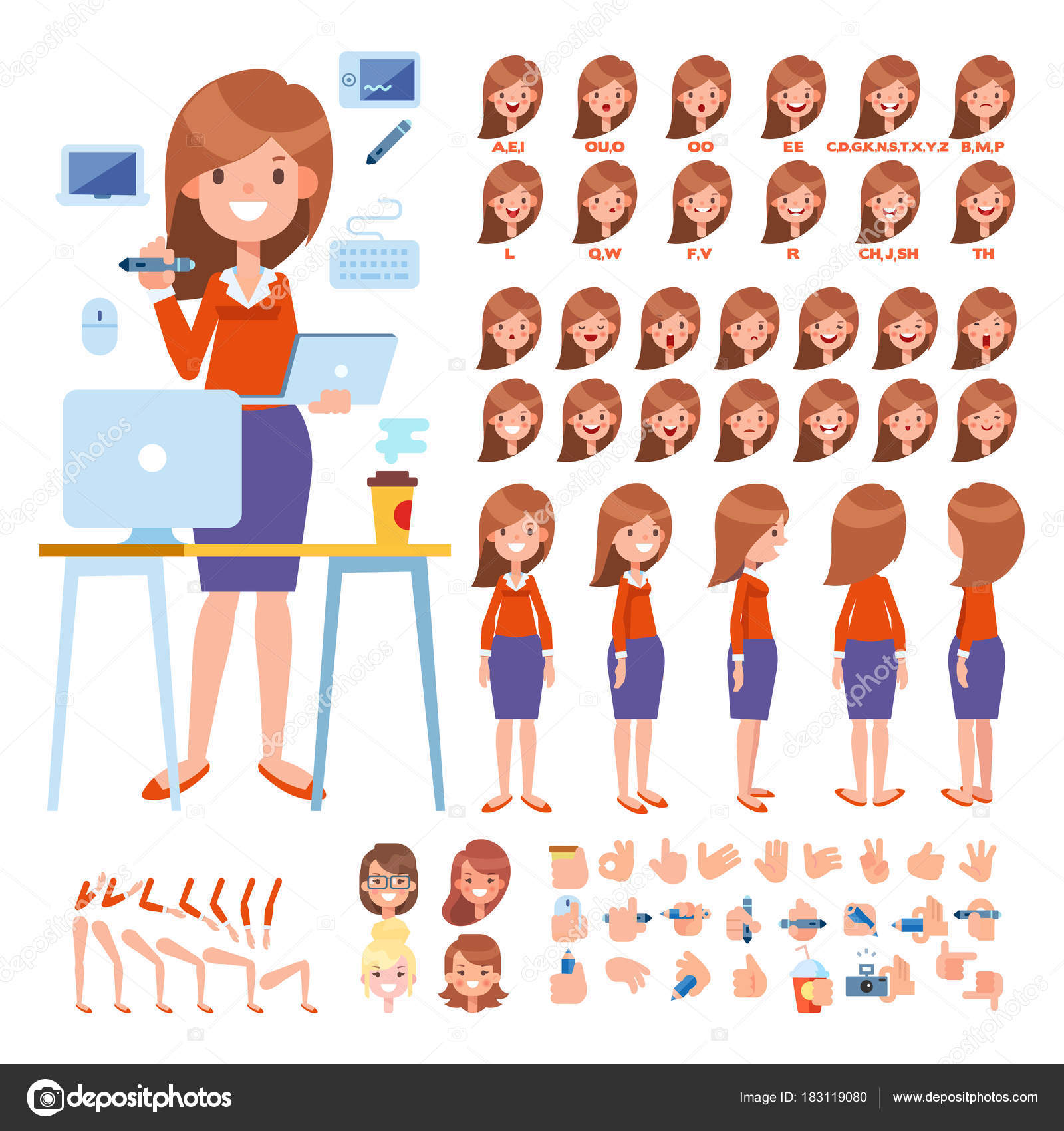 Front Side Back View Animated Character Designer Woman Character