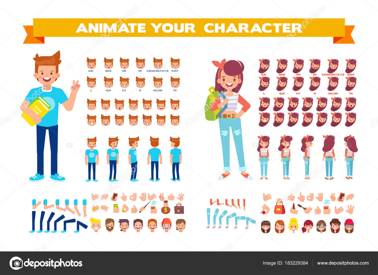 Front Side Back View Animated Characters Male Female Students Creation ...