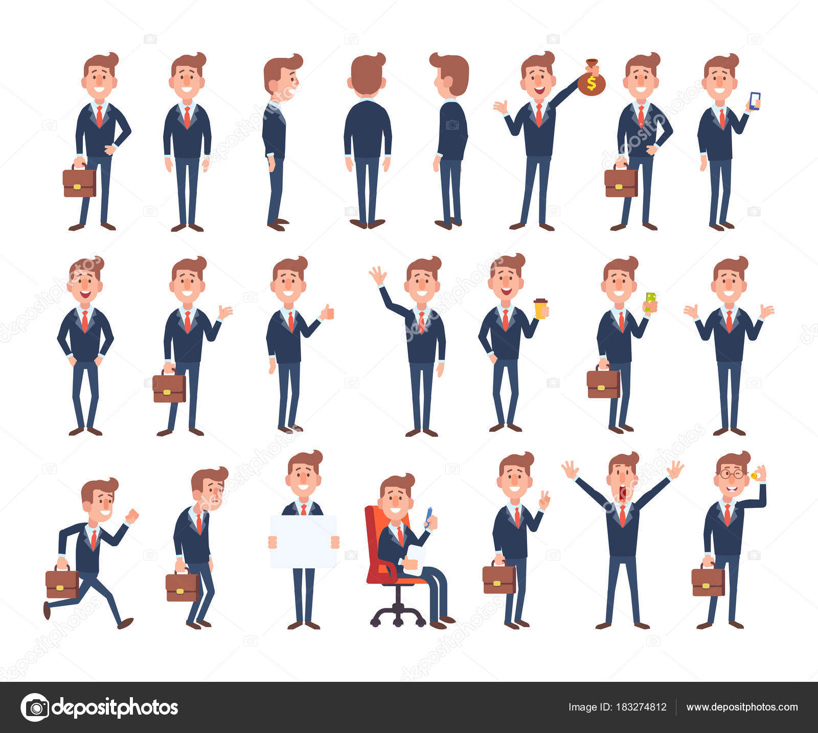 Set Business Man Different Poses Vector Cartoon Character Flat Style ...