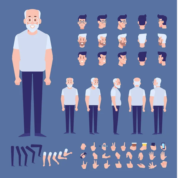 Elderly man character creation set with various views, hairstyles ...