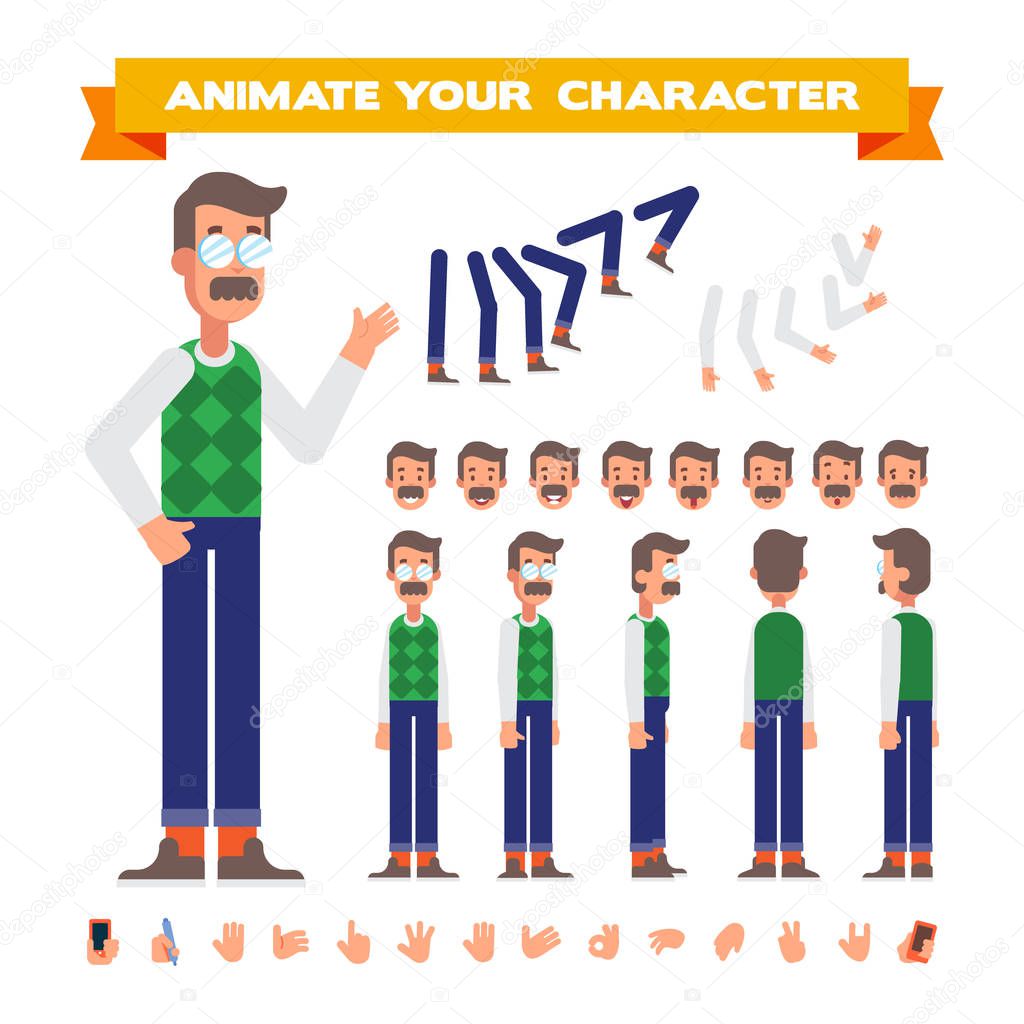 Frente, lado, espalda, 3 / 4 ver personaje animado. Pap constructor de personajes con varias ...