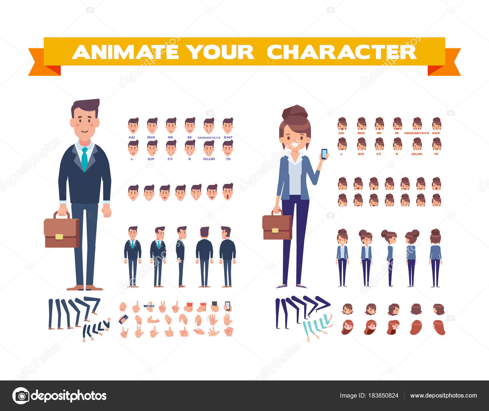 Vector Character Set Animation Business People Man Woman Front Side