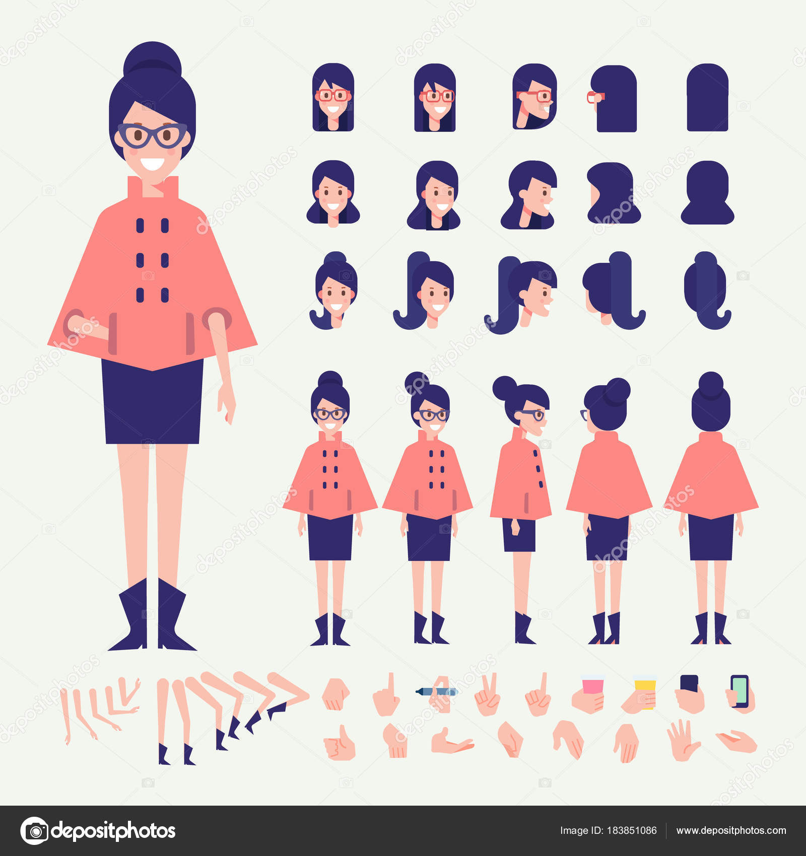 Flat Vector Young Woman Character Character Creation Set Various Views ... Flat Vector Young Woman Character Character Creation Set Various Views ...