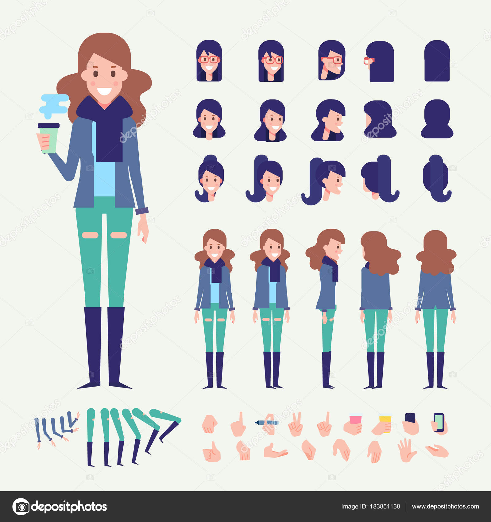 Flat Vector Young Woman Character Character Creation Set Various Views ... Flat Vector Young Woman Character Character Creation Set Various Views ...