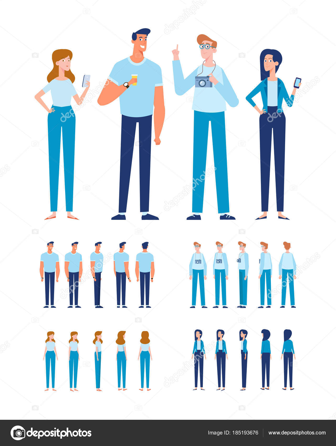 Group Young People Vector Set Front Side Back View Characters Stock ...