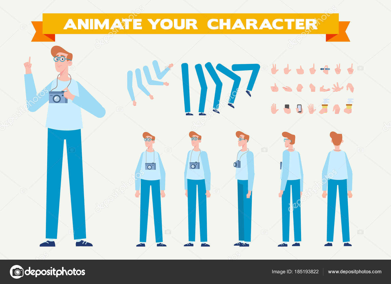 Front Side Back View Animated Character Male Photographer Character ...