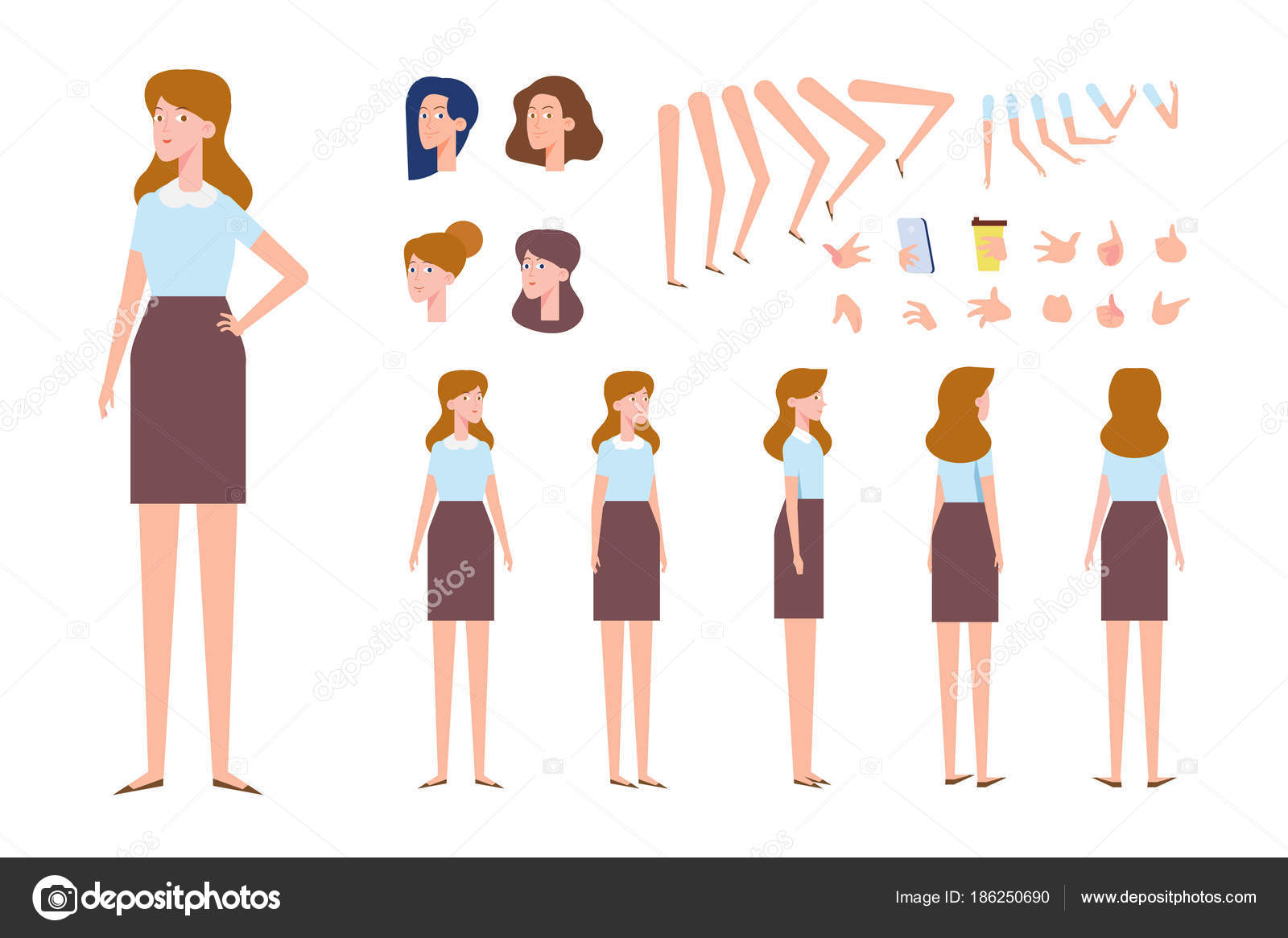 Front Side Back View Animated Character Pretty Young Woman Character ...