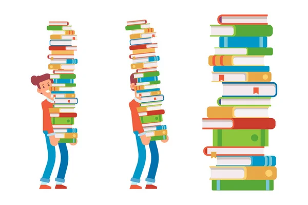 Man Sitting Reading Huge Stack Books Cartoon Flat Vector Illustration