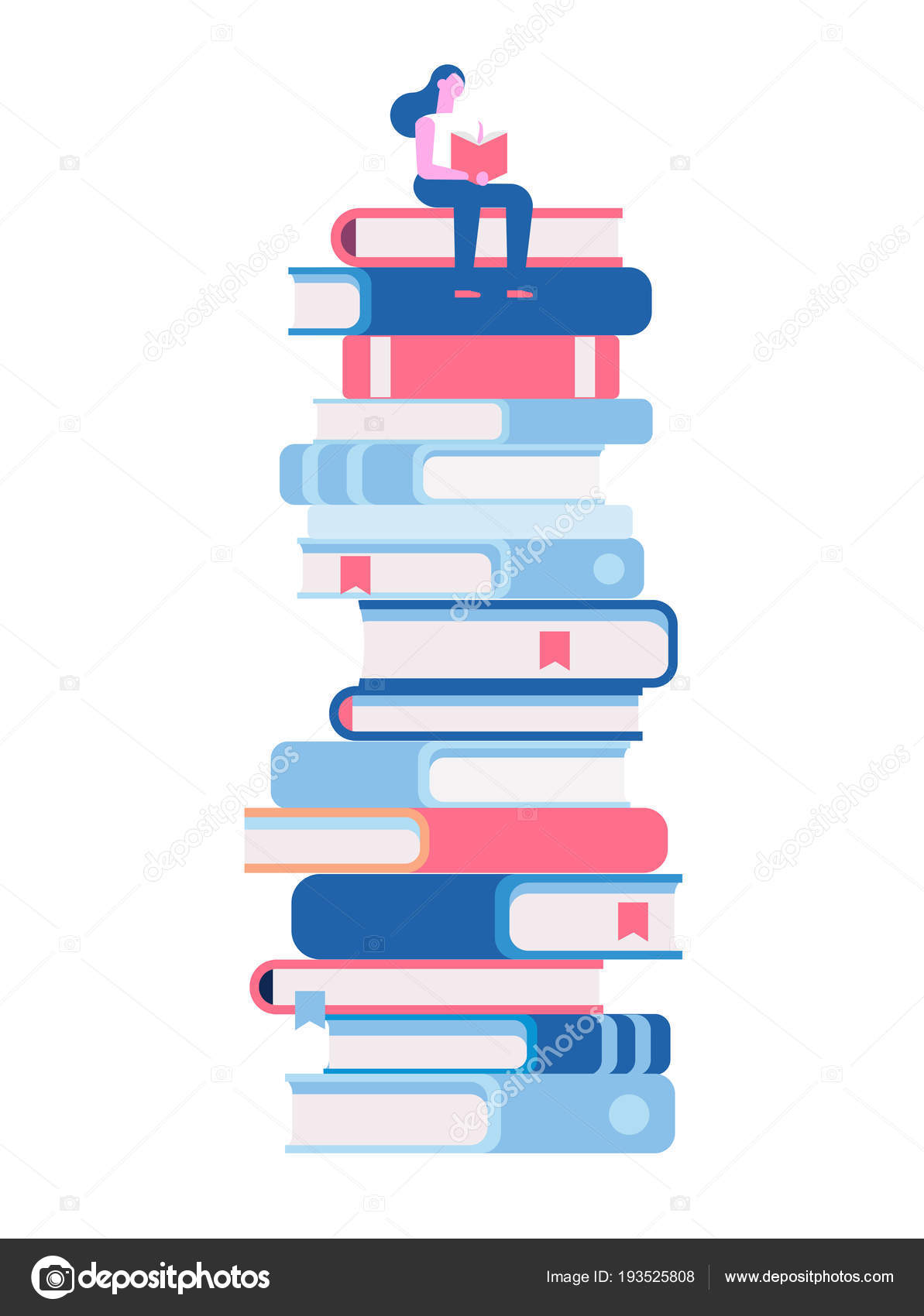 Girl Sitting Reading Huge Stack Books Cartoon Flat Vector Illustration ...