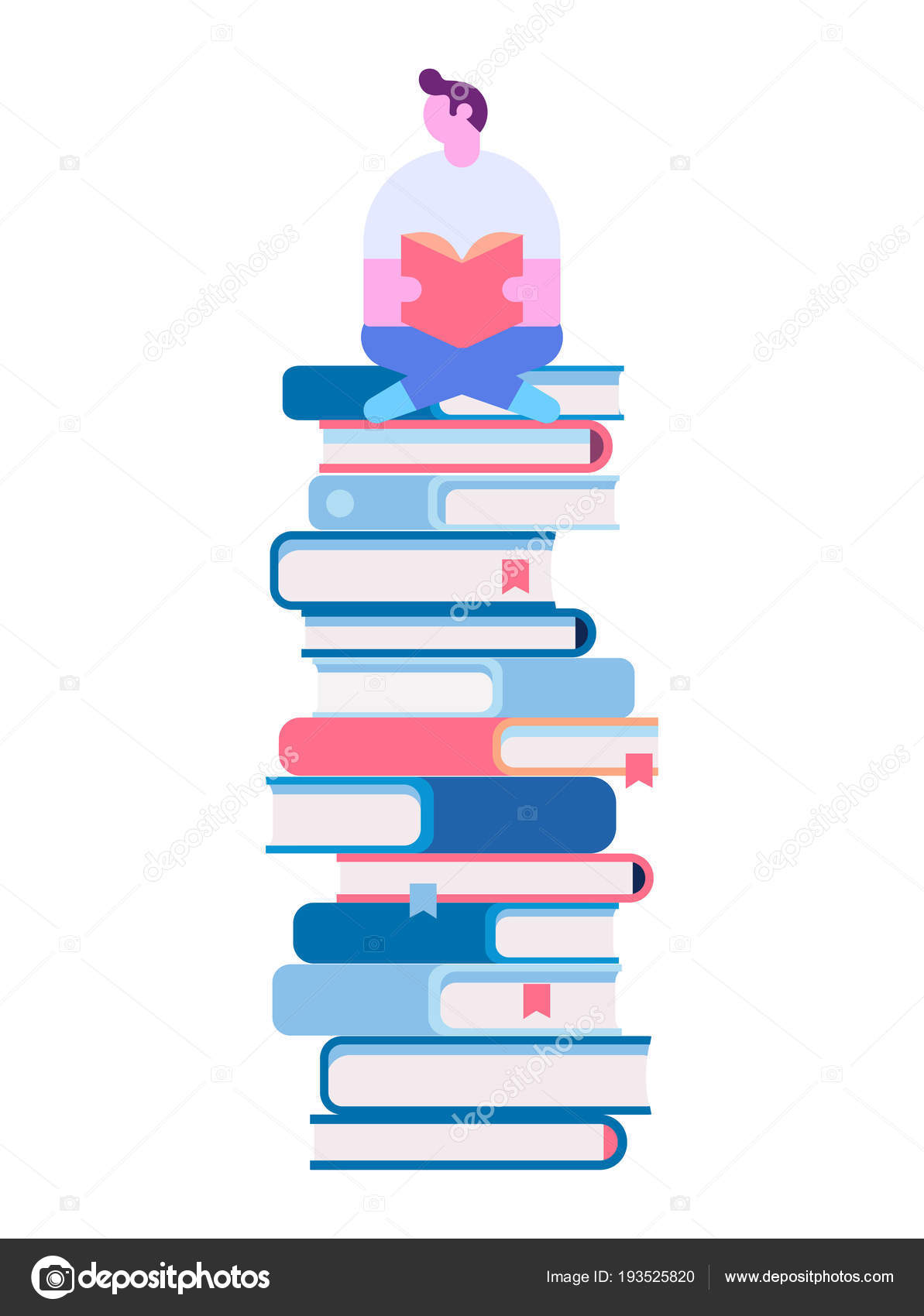 Man Sitting Reading Huge Stack Books Cartoon Flat Vector Illustration ...