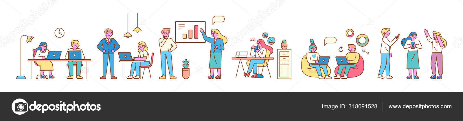 Business People Teamwork Line Art Vector Horizontal Banner Office ...