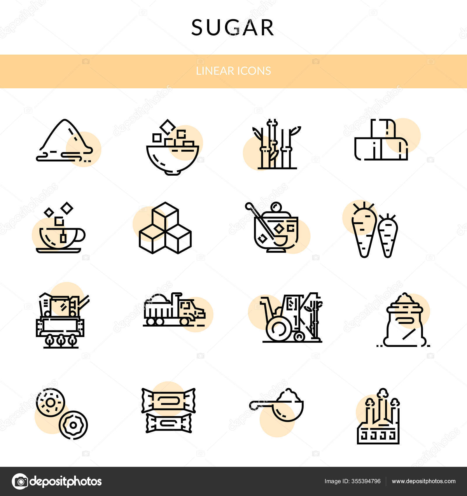 Sugar production, growing and processing. Linear icons Stock Vector ...