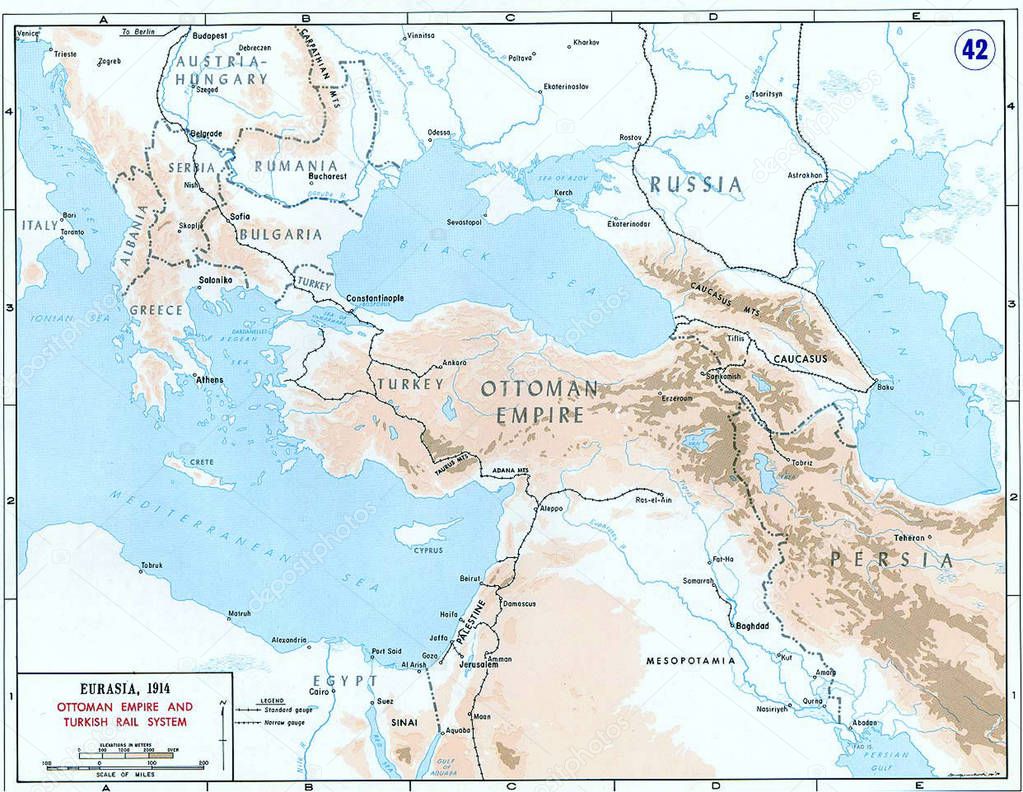 Mapa de Eurasia con el imperio otomano y el sistema ferroviario turco 2023