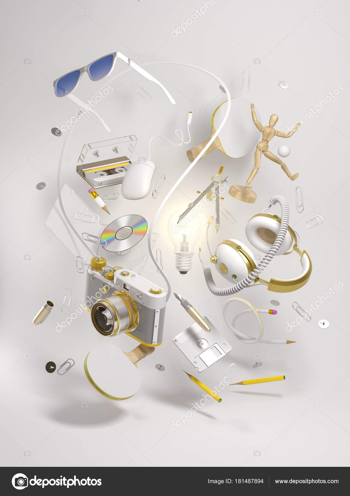 Rendering Group Flying Objects Light Bulb Creativity Concept Thinking ...