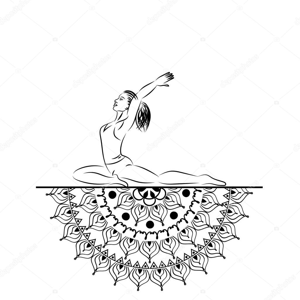 Mandala estilo yoga con silueta de línea de mujer en yoga pose vector ilustración. 2024