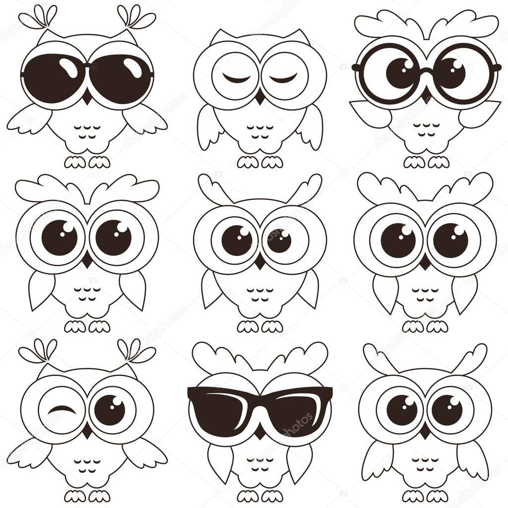 Conjunto de búhos frescos aislados sobre fondo blanco 2023