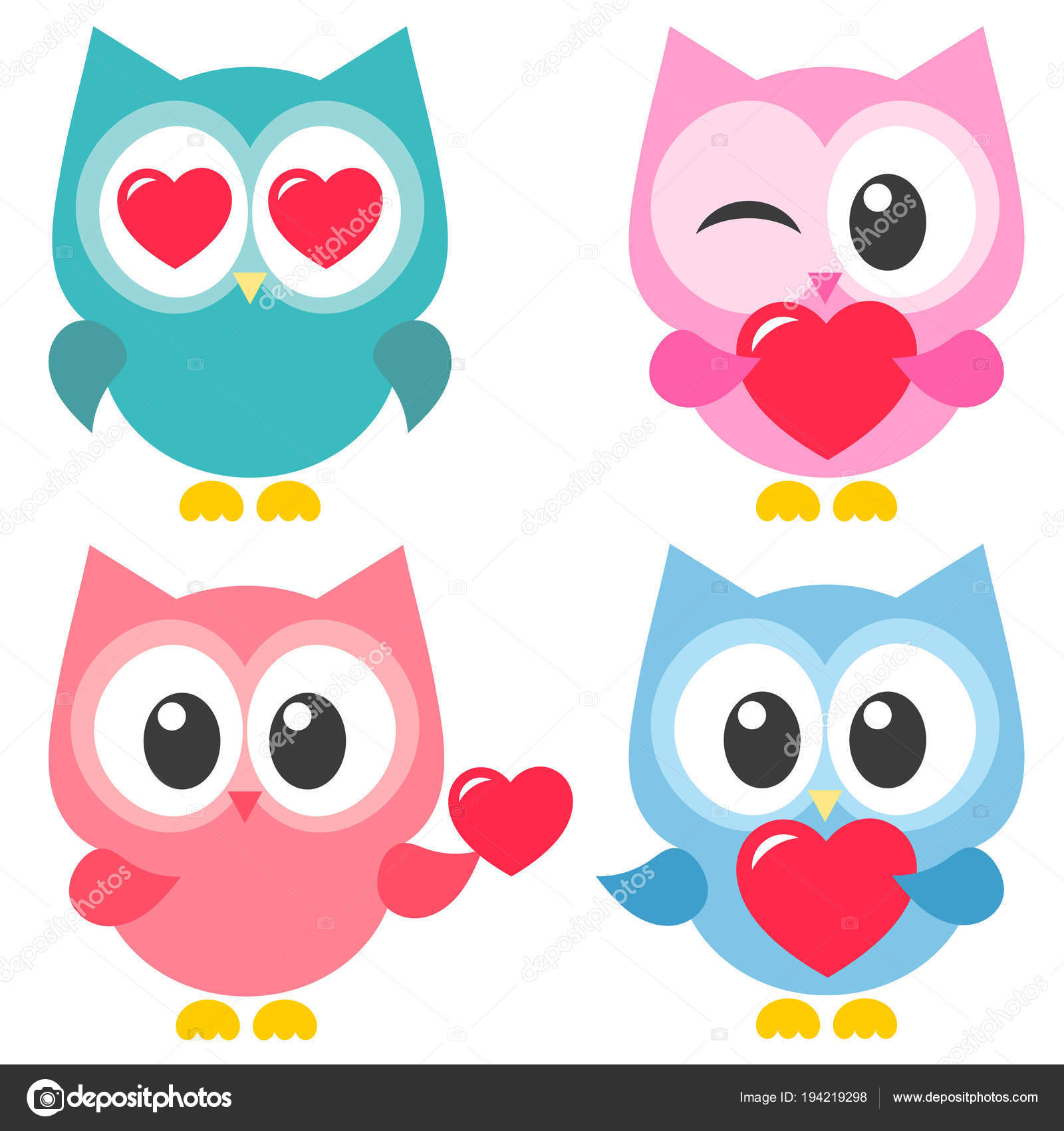 Conjunto de lindos búhos de colores con corazones Vector de stock por ...